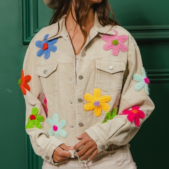 BiBi | Jackets & Coats | Bibi Beige Corduroy Floral Embroidered Cropped ...